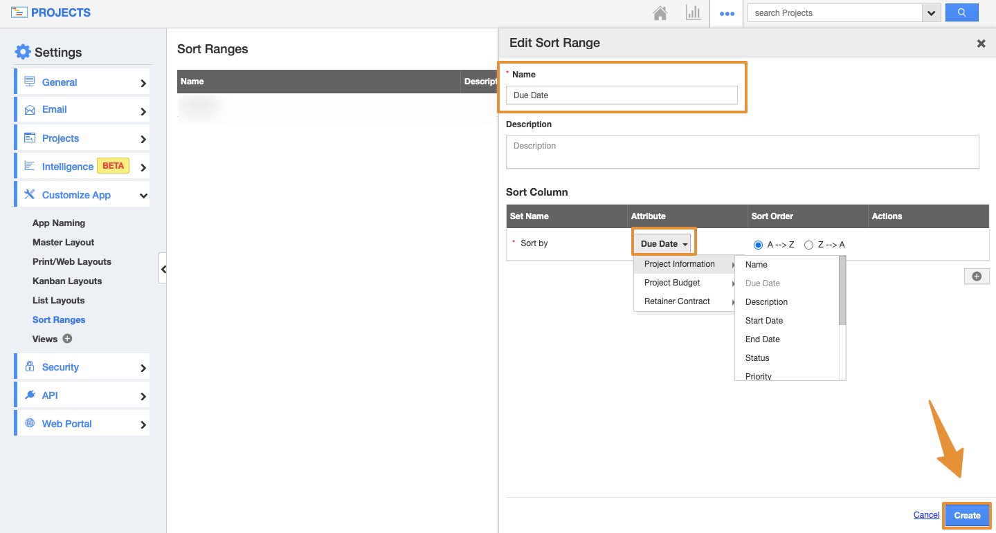How Do I View The Sort Ranges For The Projects App In Ios